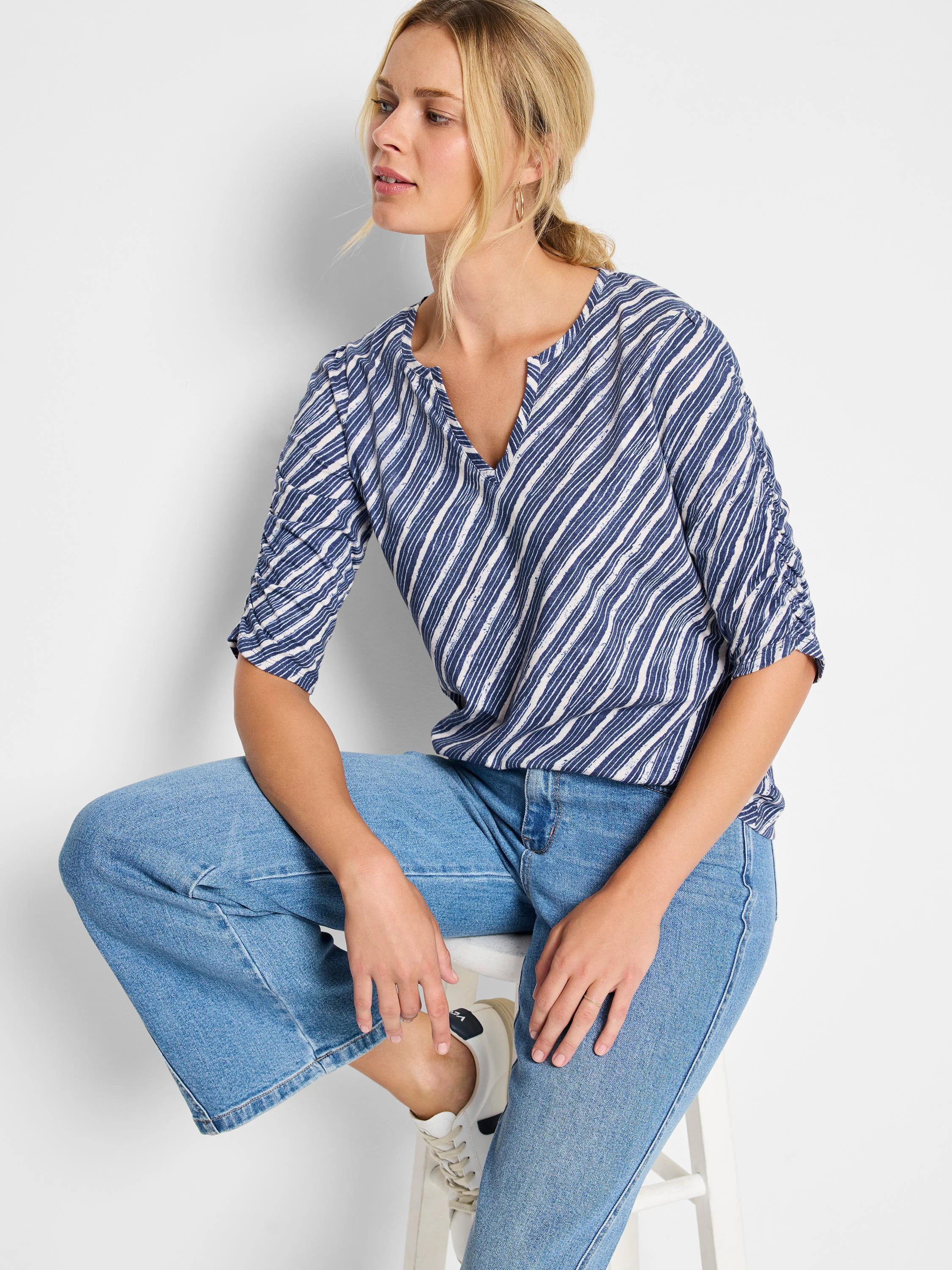 NZT Mixed Stripe Ruched Sleeve Tee